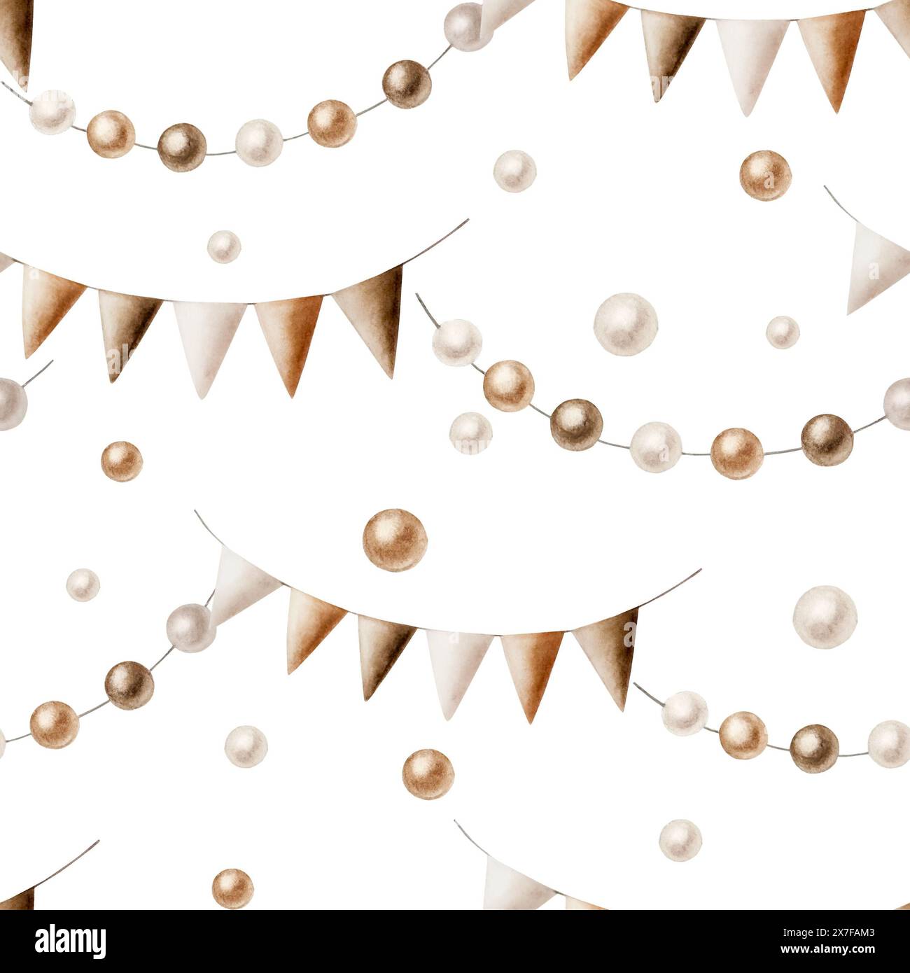 Birthday seamless pattern with garland of brown and beige flags, balls ...