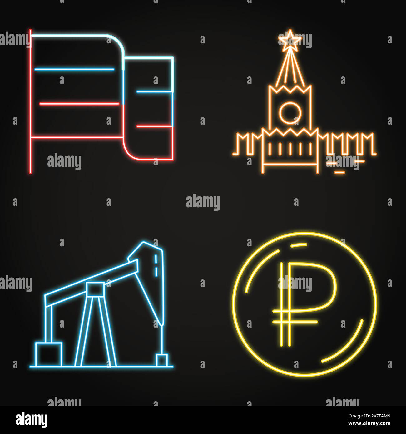 Russia symbols neon icon set. Russian flag, Kremlin tower, ruble coin ...