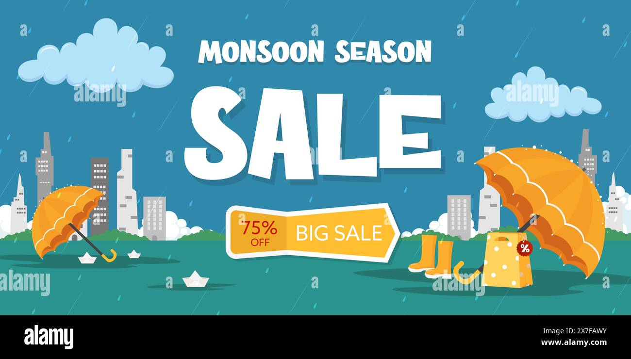 Creative Sale Banner Or Sale Poster Of Monsoon Season. Raining day on ...