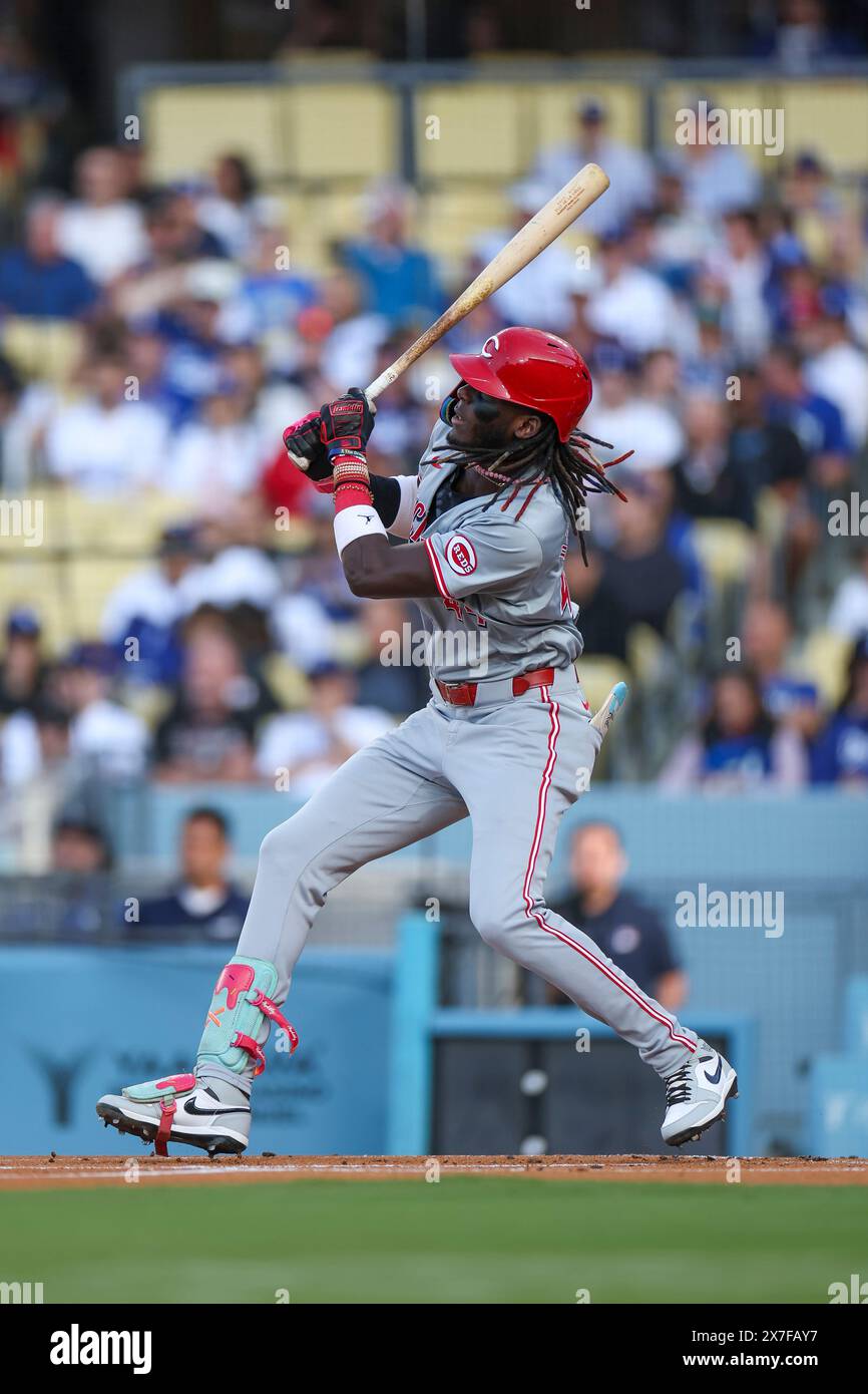 Elly De La Cruz #44 of the Cincinnati Reds hits a line out in the first ...