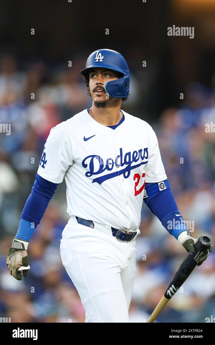 Miguel Vargas #27 of the Los Angeles Dodgers reacts after a strike out ...