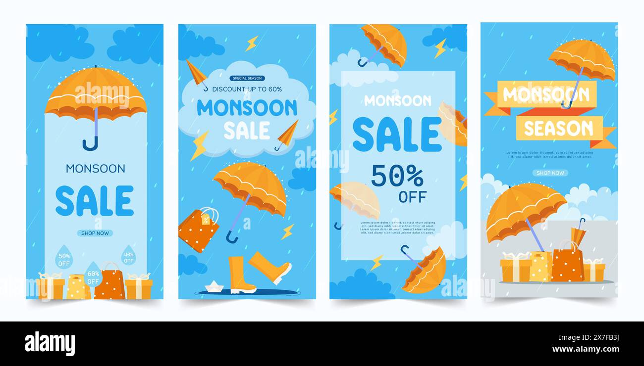 Monsoon sale, Set of 4 vector brouchure, Discount, Offers. monsoon ...