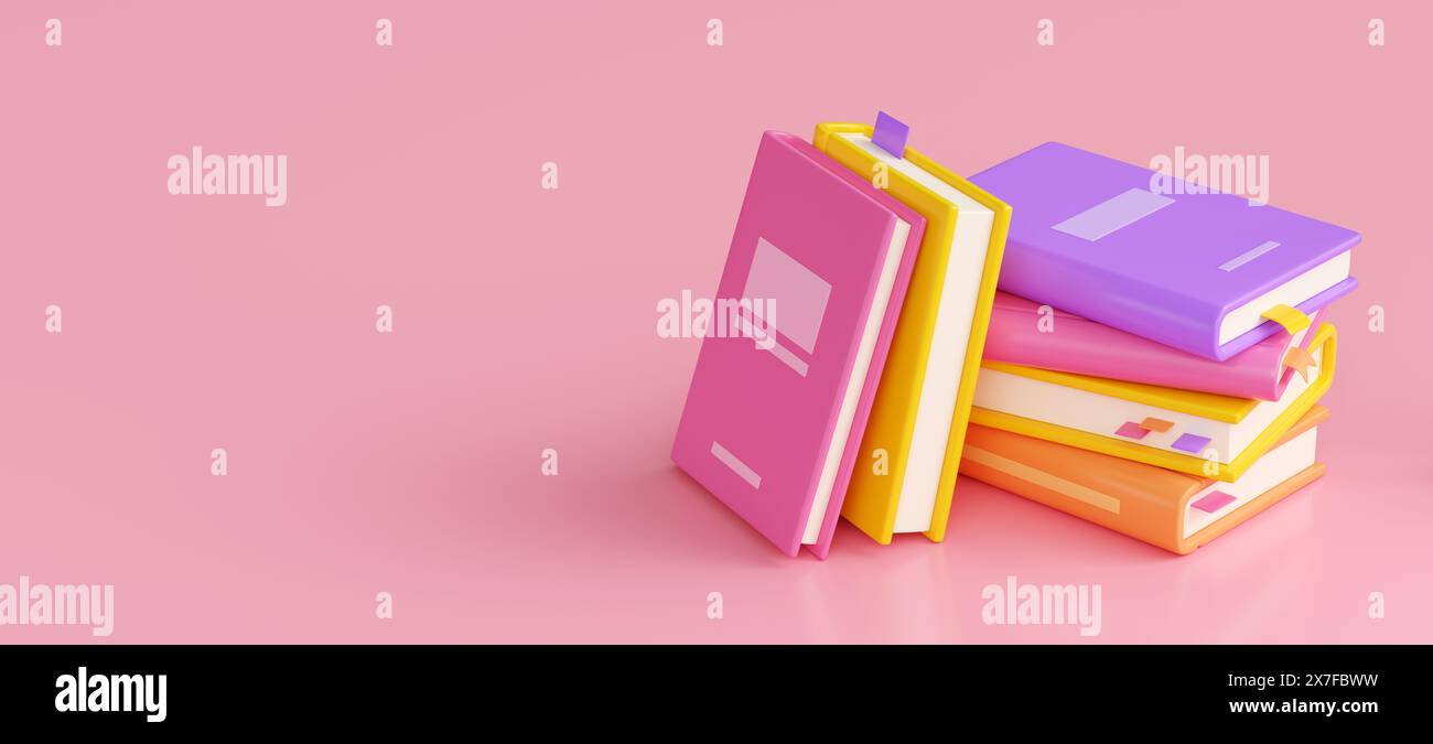 Stack of books with bright hardcover and bookmarks on pink banner with ...