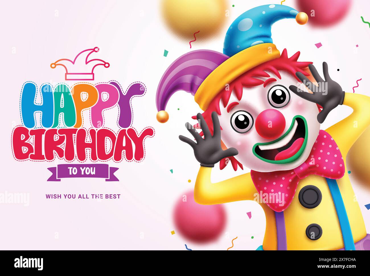 Happy birthday greeting vector design. Birthday clown character in ...