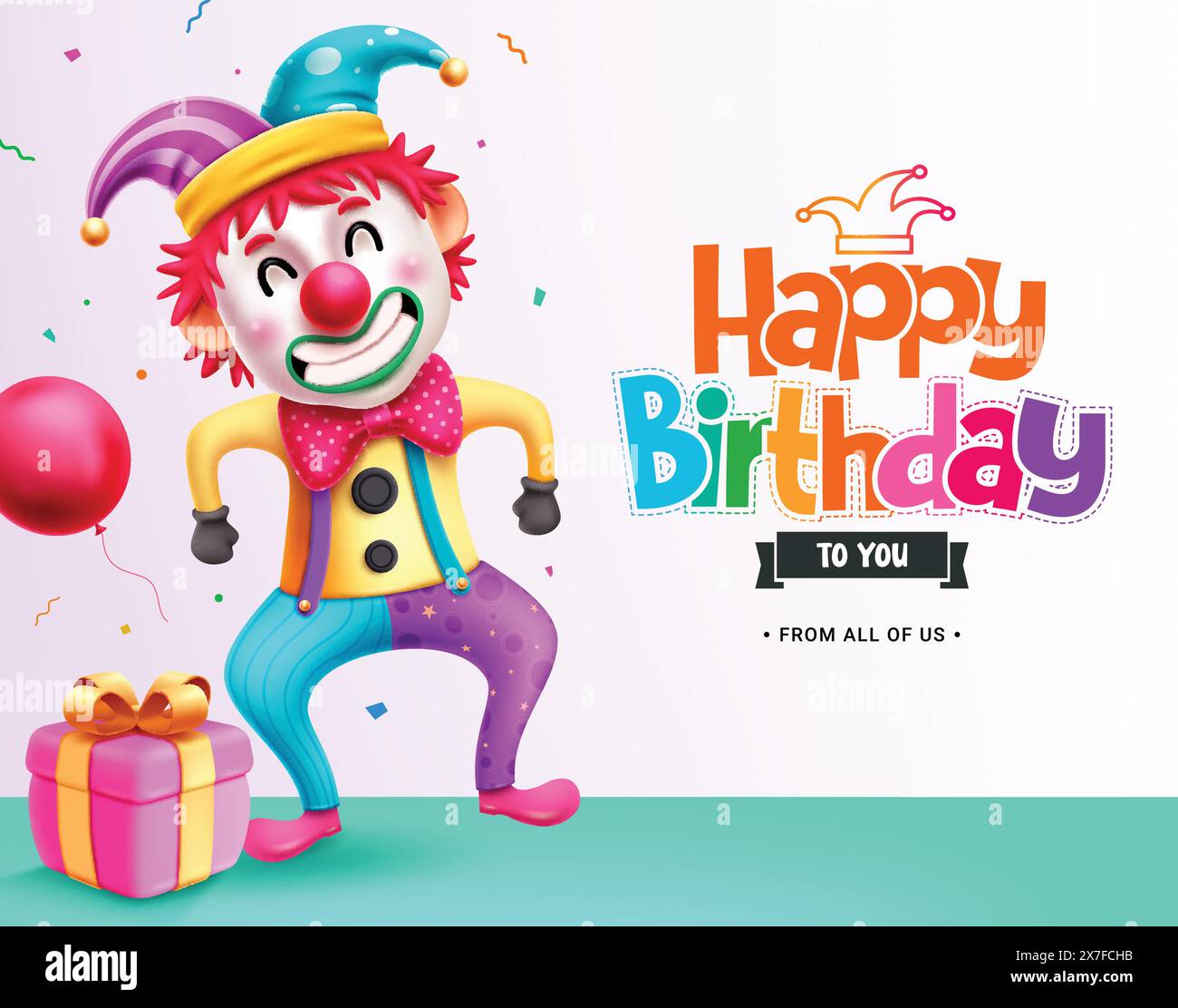 Birthday clown character vector design. Happy birthday greeting text ...