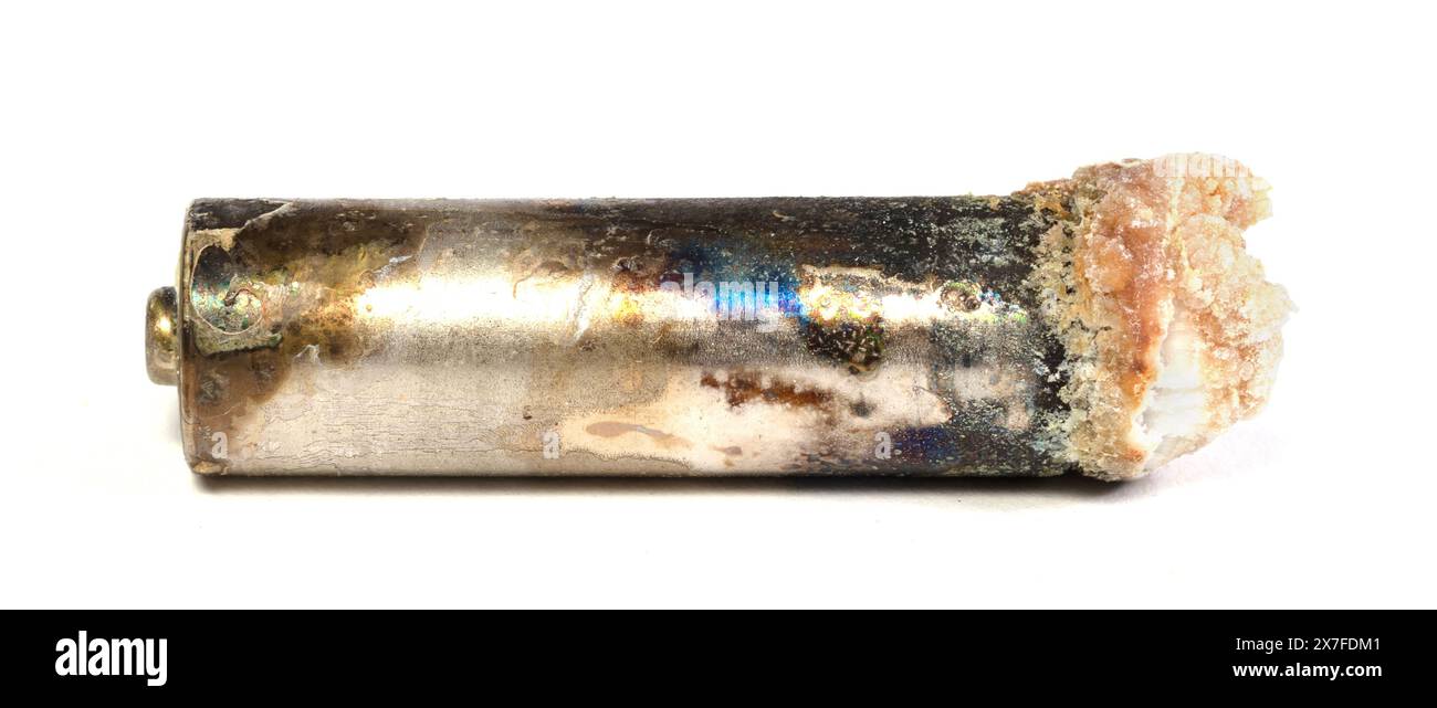 Unbranded corroded alkaline battery leaking potassium hydroxide ...