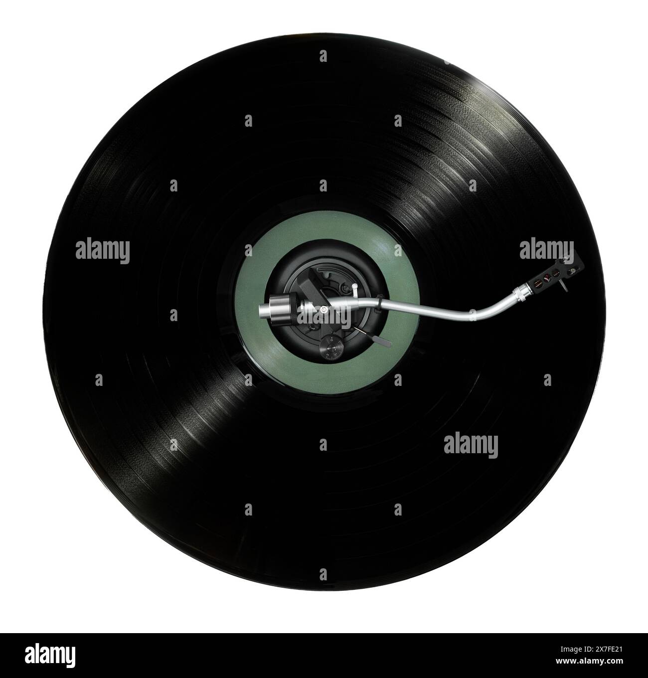 Black vinyl record with turntable arm isolated on white background ...