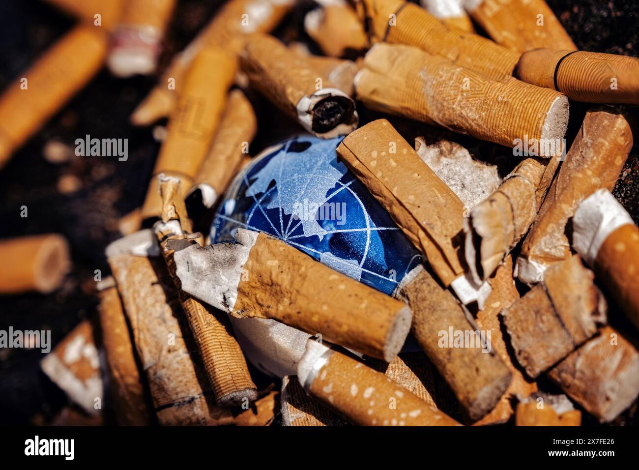 Human health concept. Lots of cigarette butts surround a crystal globe ...