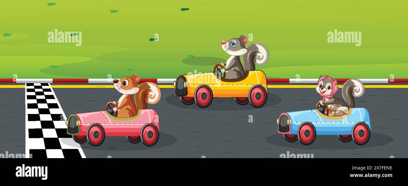 Three squirrels racing in colorful toy cars Stock Vector Image & Art ...