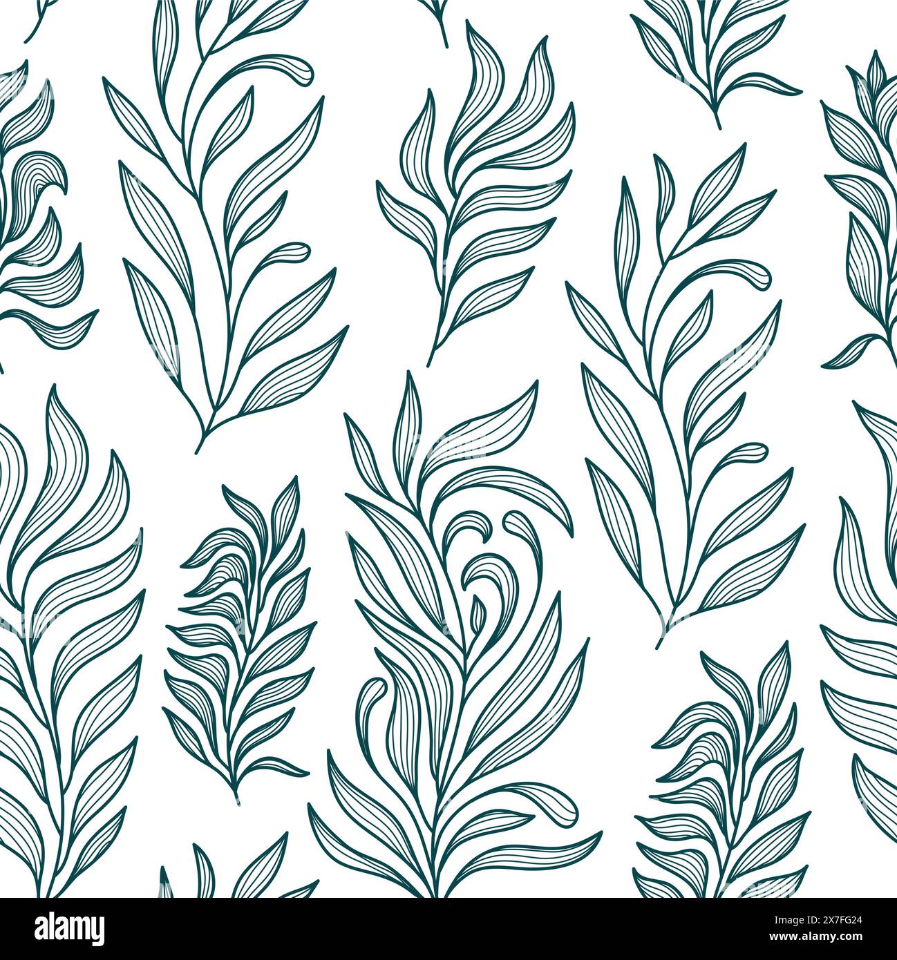 Vector seamless leaf pattern, foliage, plant line leaves, green on ...
