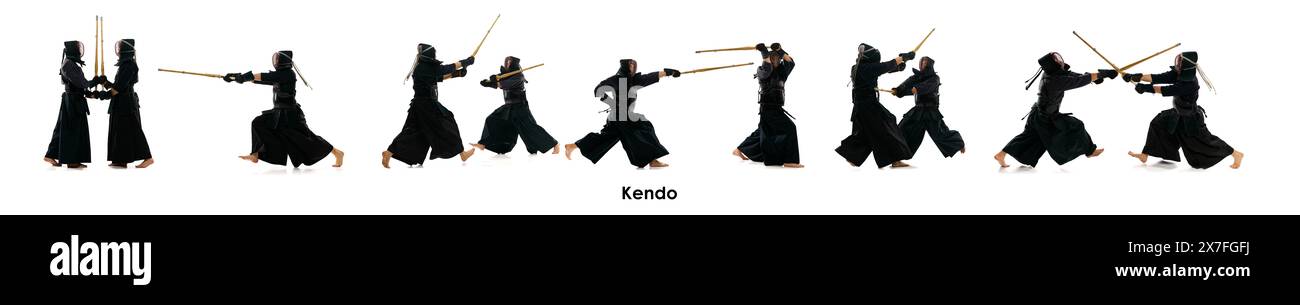 Collage. Two men, professional kendo athletes in motion, in uniform ...