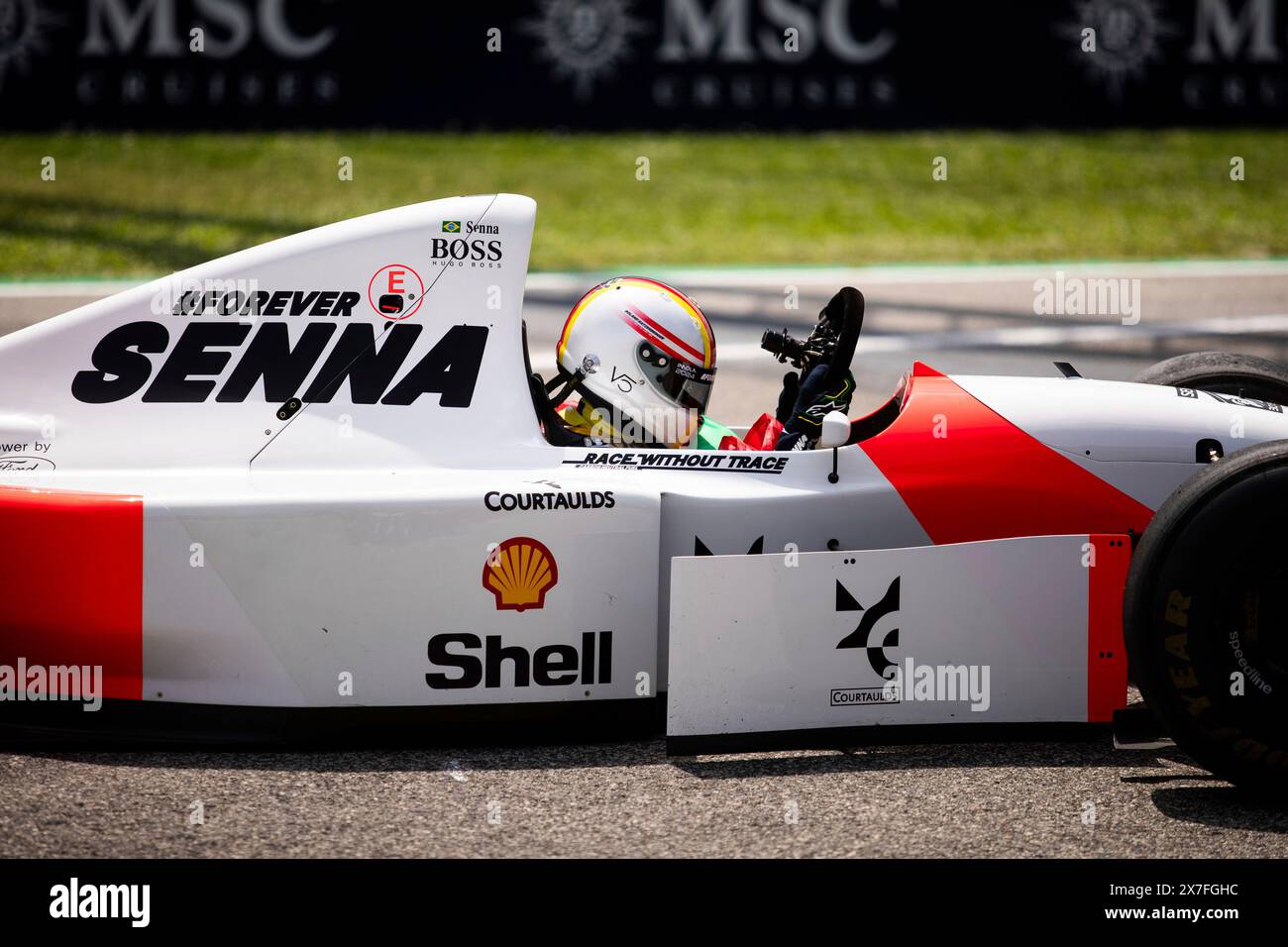 Imola, Italy. 19th May, 2024. Sebastian Vettel (DEU) drives the McLaren MP4-8 on tribute of the ...