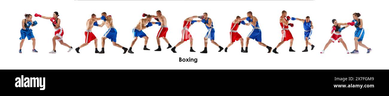 Collage made of men and women, boxing athletes in motion, training ...