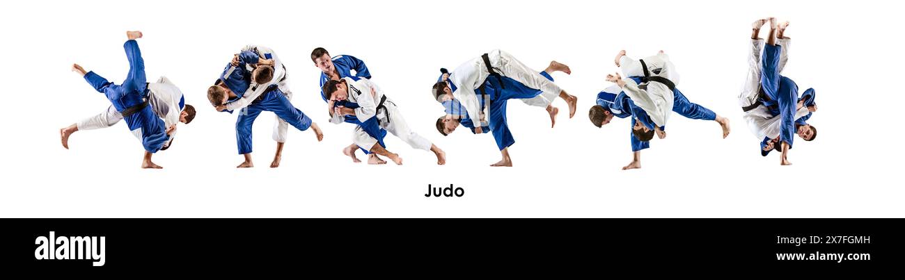 Collage. Two competitive men training judo martial arts, fighting ...