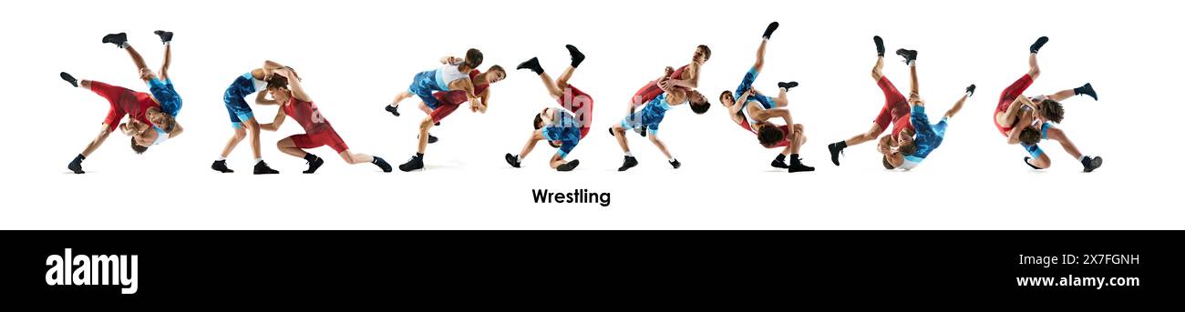 Collage. Two men, wrestlers in dynamic motion, wrestling, training ...