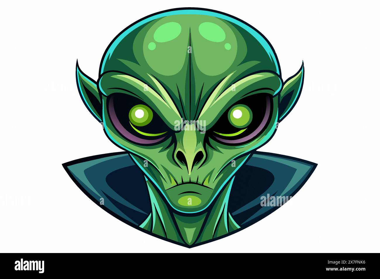 Green alien head with large eyes isolated on white background. Portrait ...