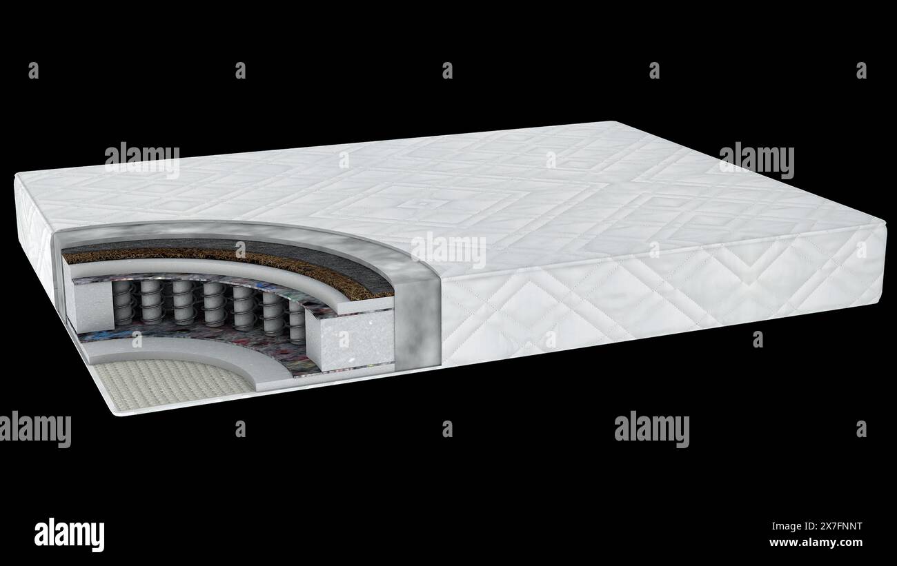 Mattresses in section, view of the structure inside, on a black ...
