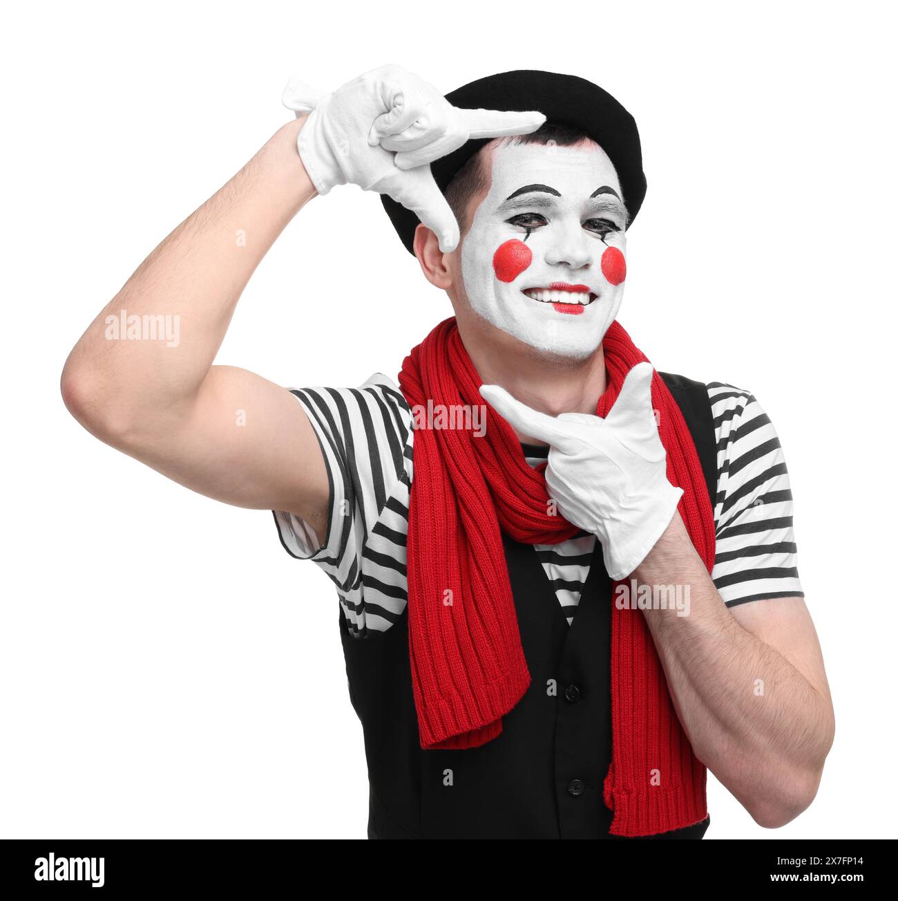 Funny mime artist showing frame gesture on white background Stock Photo ...