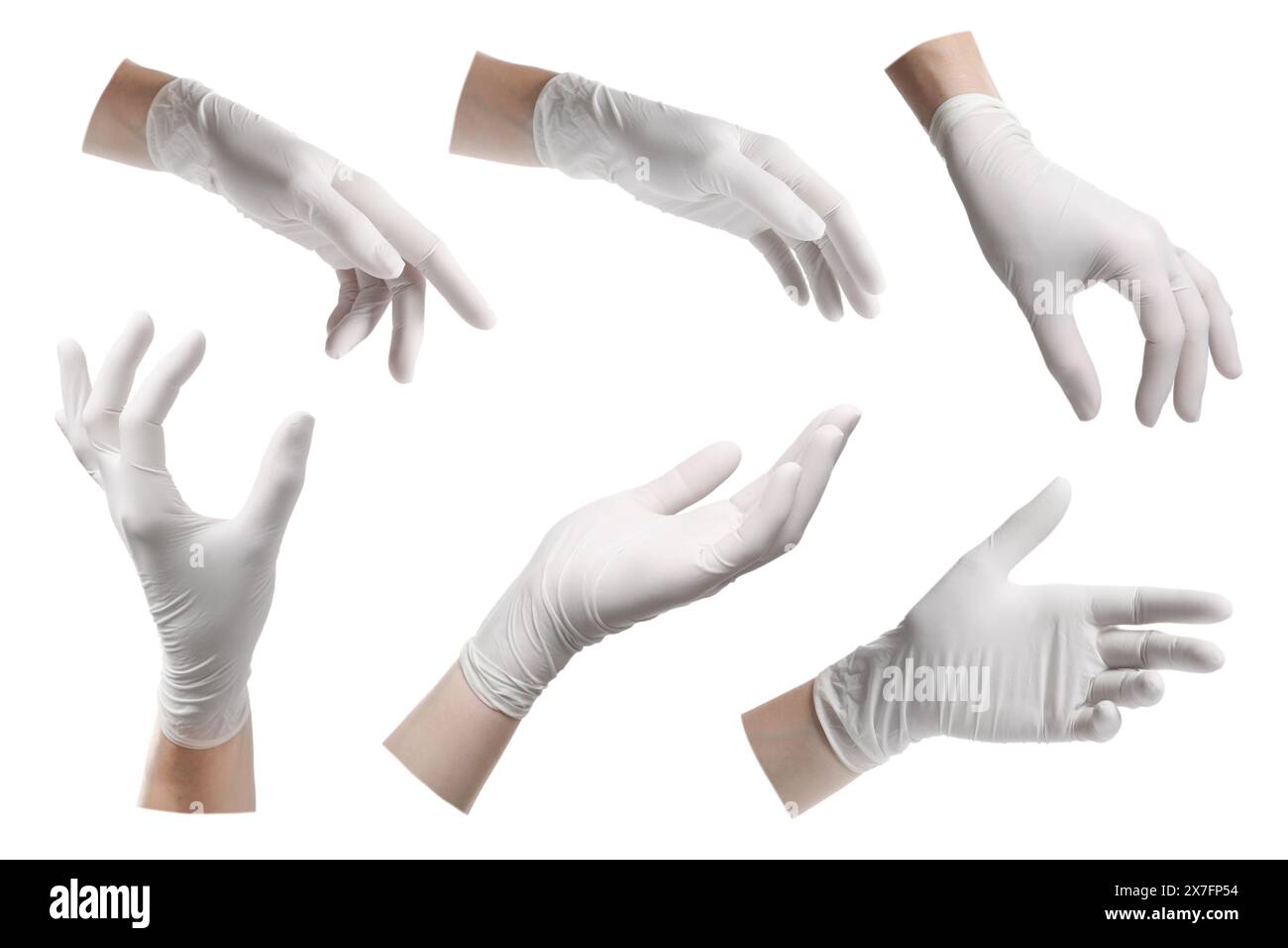 Woman wearing medical glove on white background, closeup. Collage of ...