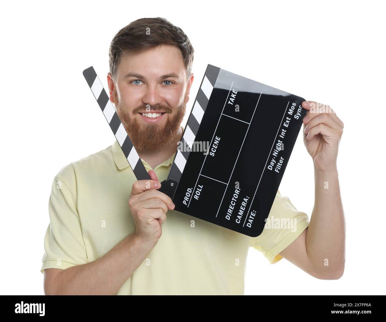 Making movie. Smiling man with clapperboard on white background Stock ...