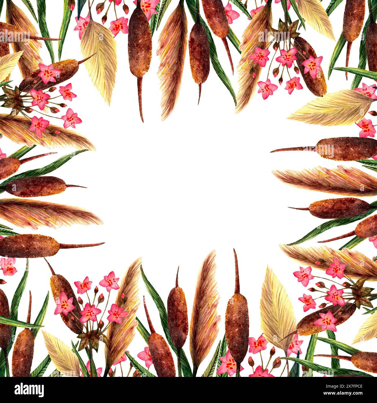 Botanical watercolor frame with cattails and pink flowers, great for ...