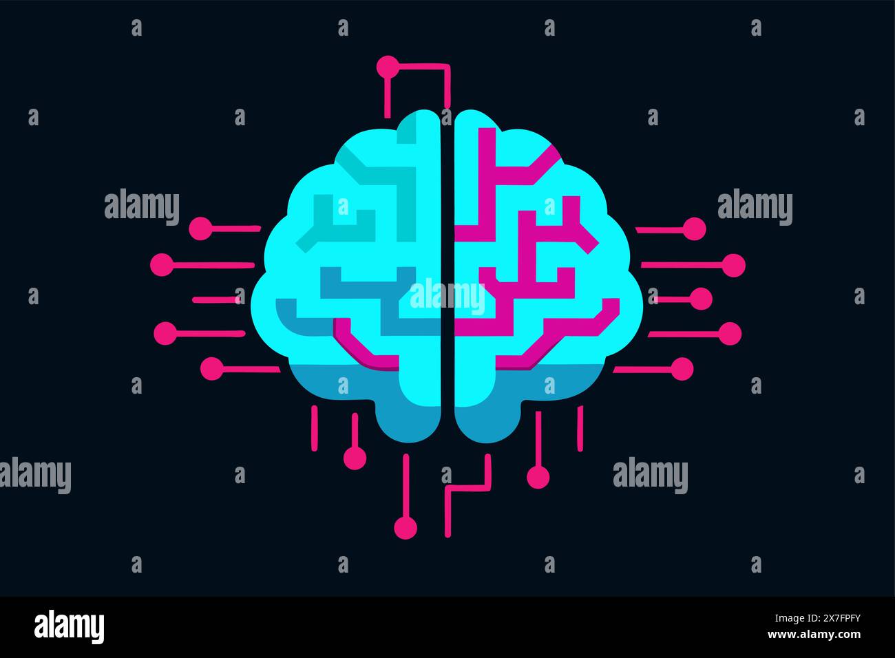 Futuristic brain in neon colors. Glowing brain in network setting. Concept of artificial ...