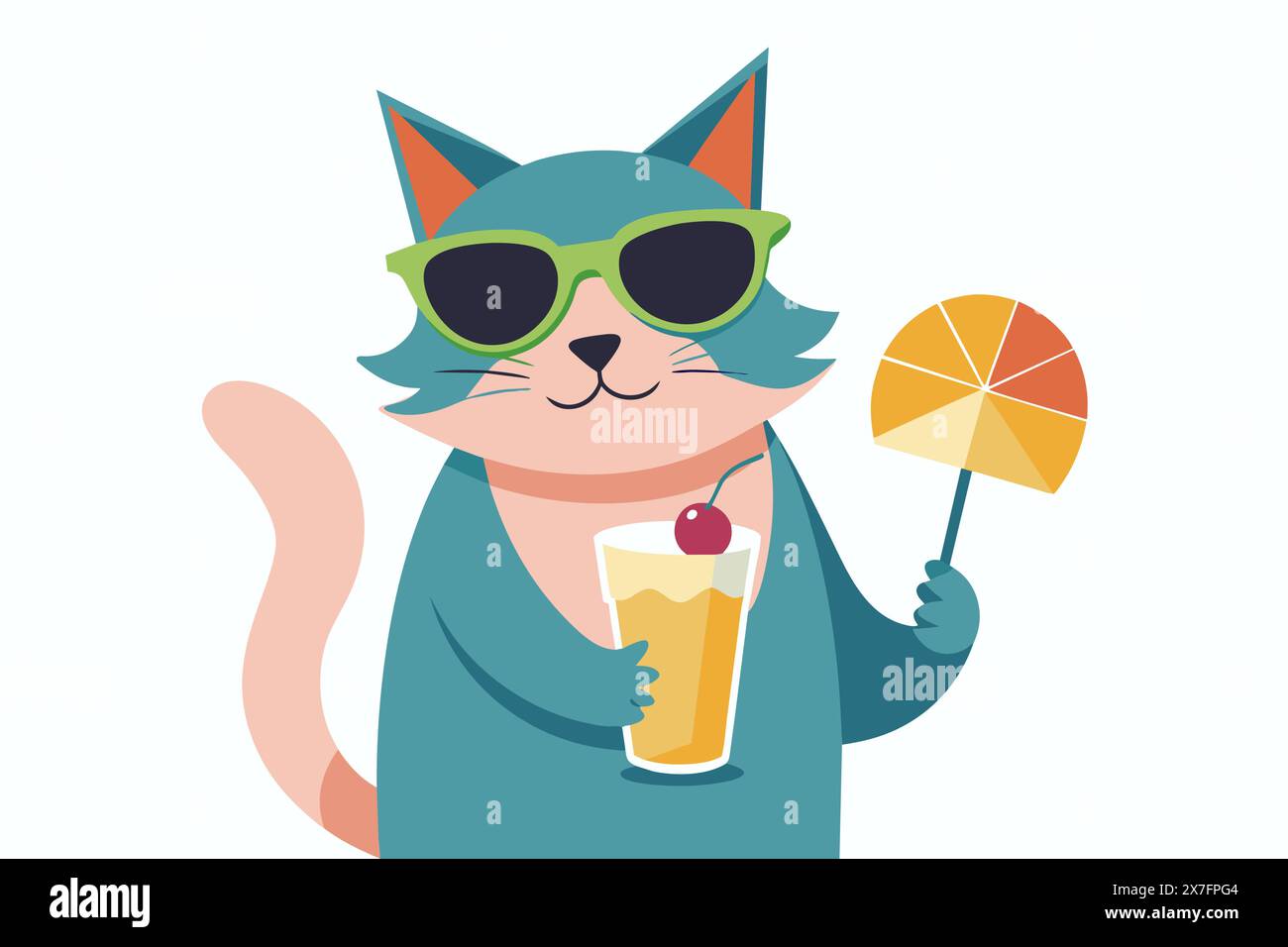 Cat in sunglasses enjoying fruit cocktail. Isolated on white background ...