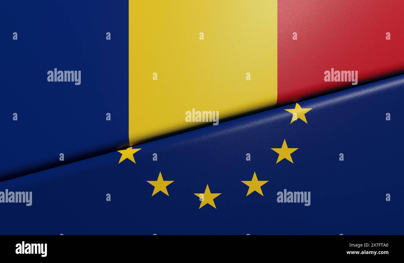 Romanian and European flags folded and glued together with fabric ...