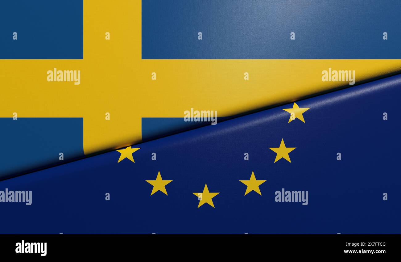 Swedish and European flags folded and stuck together with fabric ...
