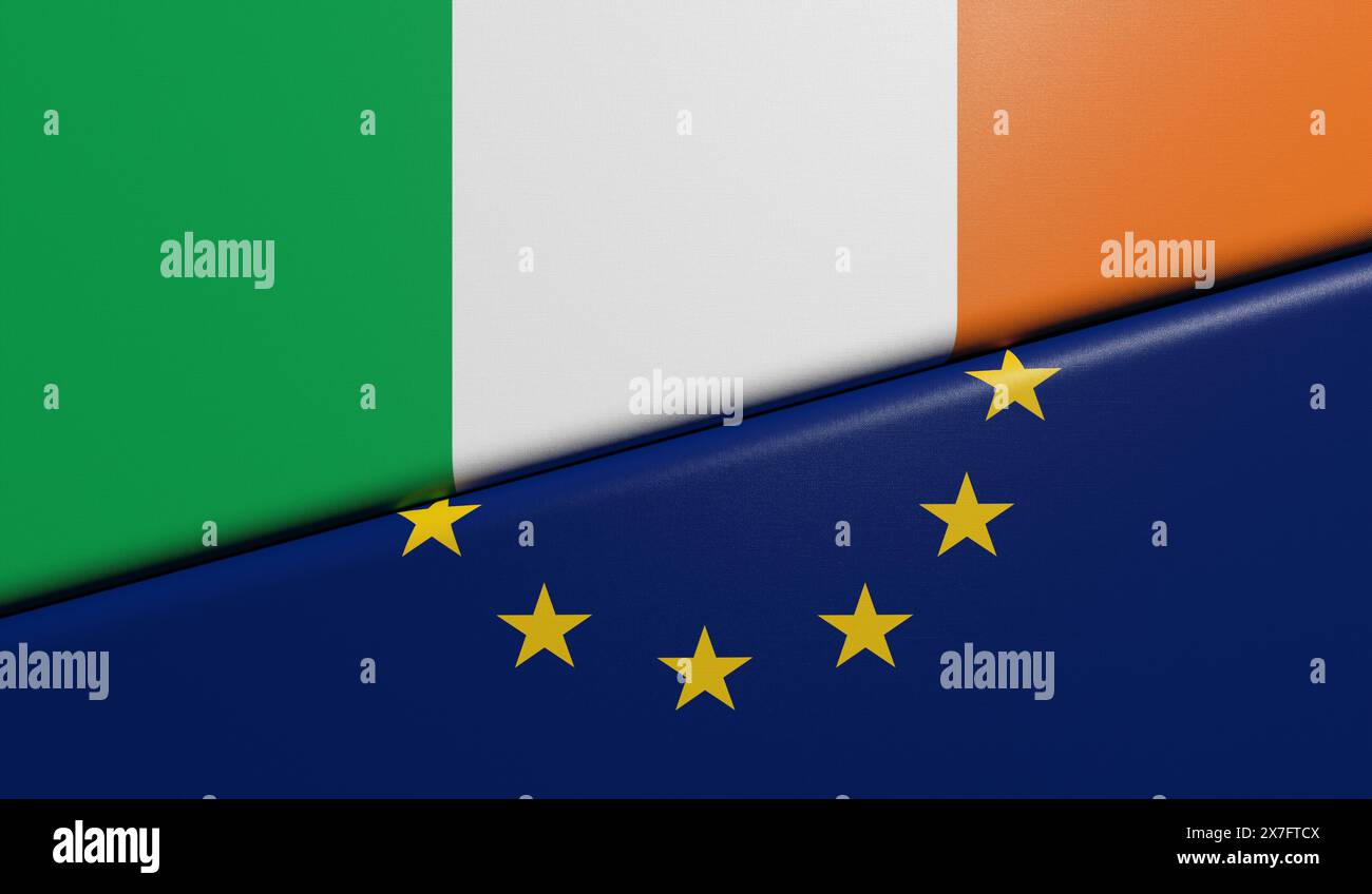 Irish and European flags folded and glued together with fabric texture ...