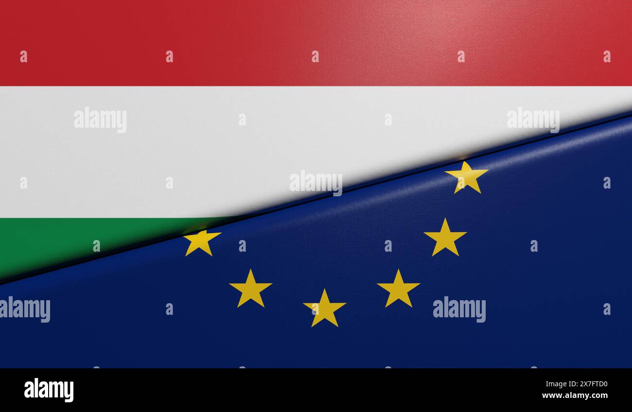 Hungarian and European flags folded and stuck together with fabric ...
