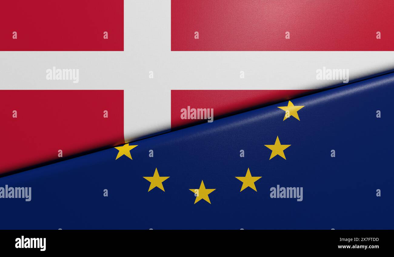 Danish and European flags folded and glued together with fabric texture ...