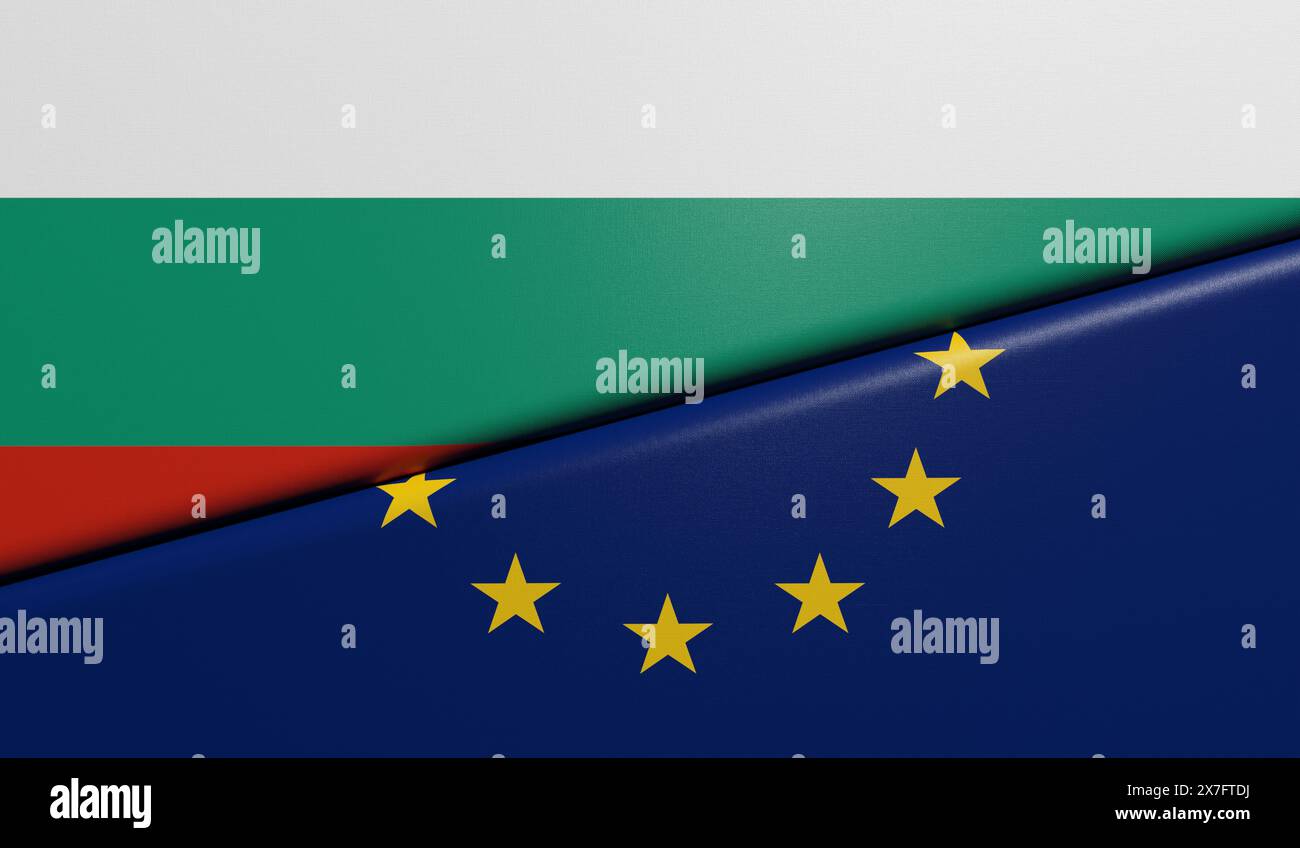 Bulgarian and European flags folded and stuck together with fabric ...