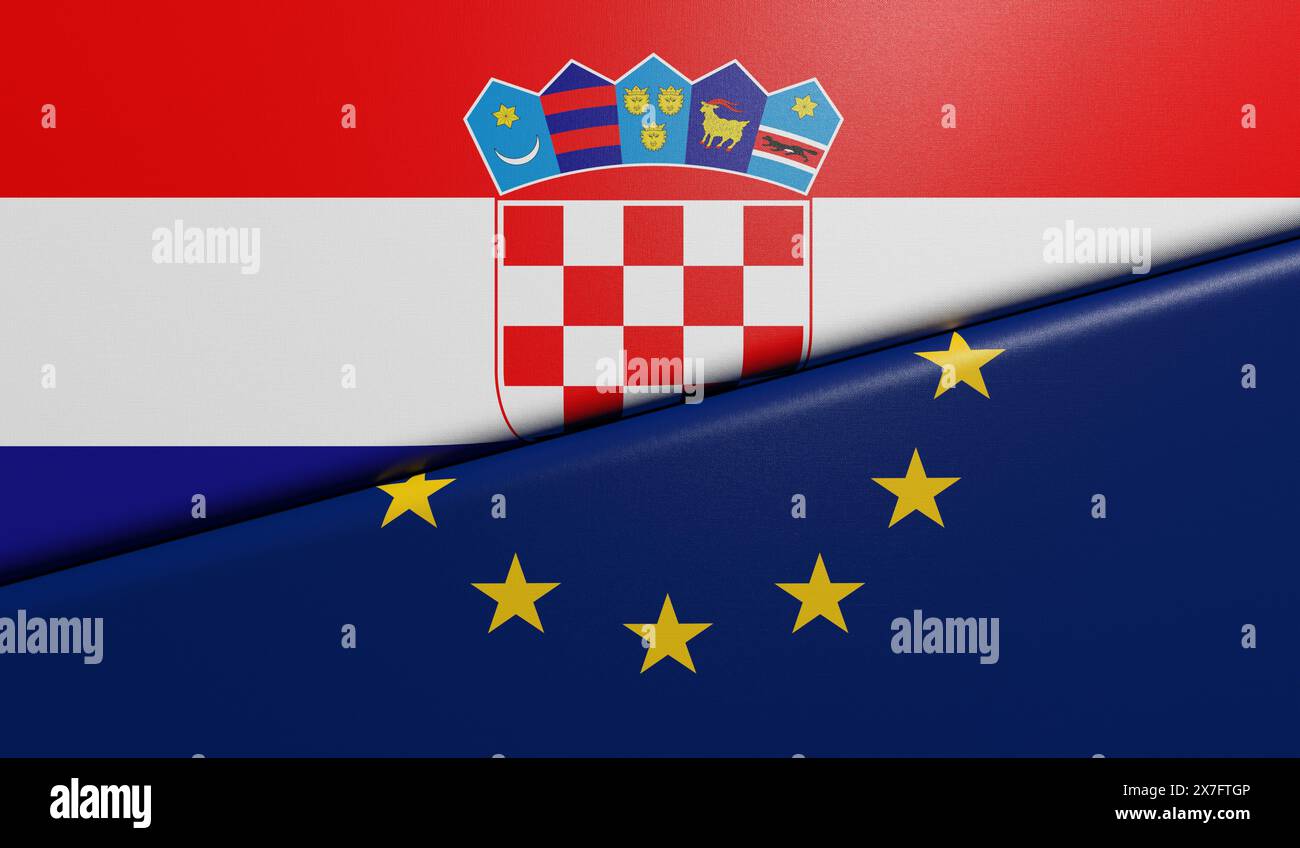 croatian and European flags folded and glued together with fabric ...