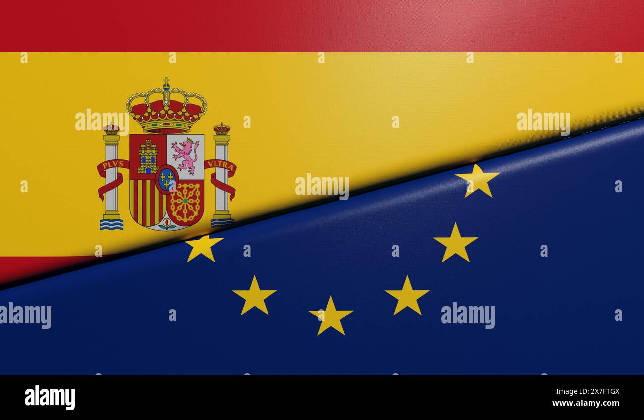 Spanish and European flags folded and glued together with fabric ...