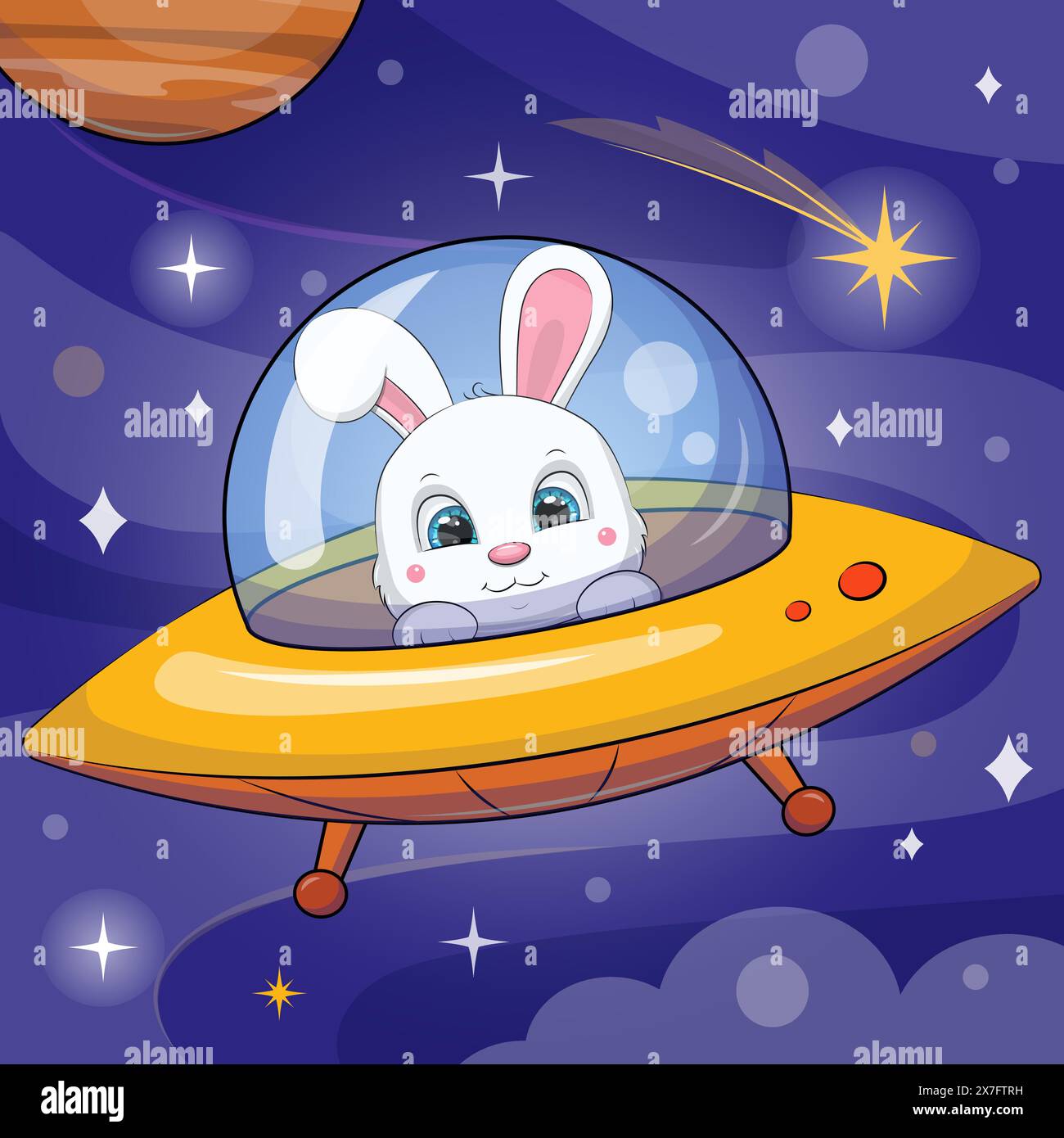 Cute cartoon white rabbit in a spaceship. Vector illustration of an ...