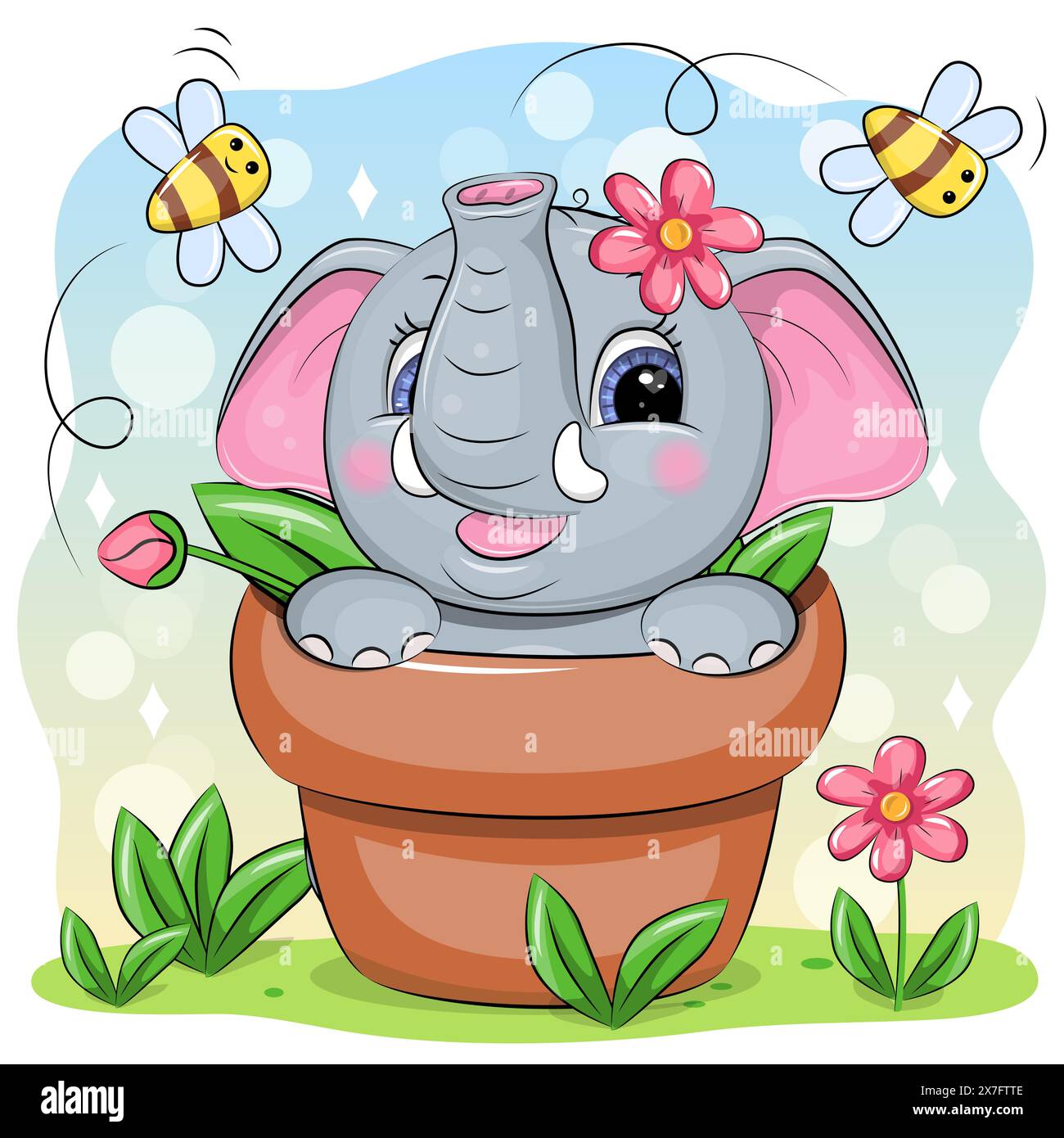 Cute cartoon elephant in a flower pot with bees and flowers. Vector ...