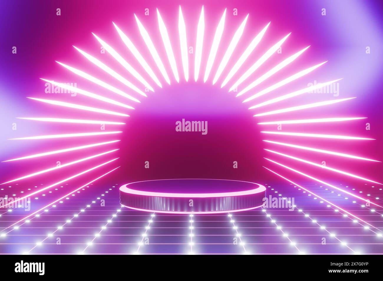 A glowing stage with neon lights in a futuristic setting.3d rendering ...