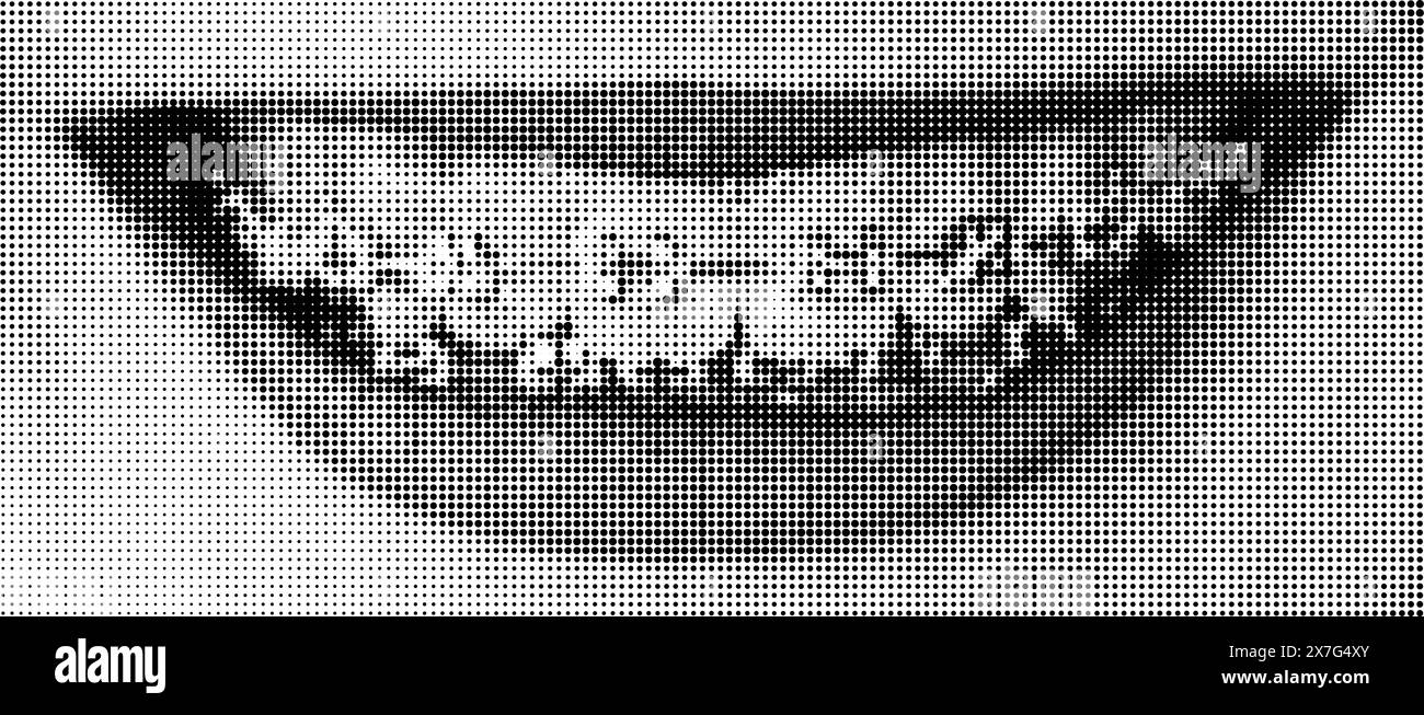 Halftone dotted smile with teeth and braces. Vector textured female lips for y2k retro collage ...