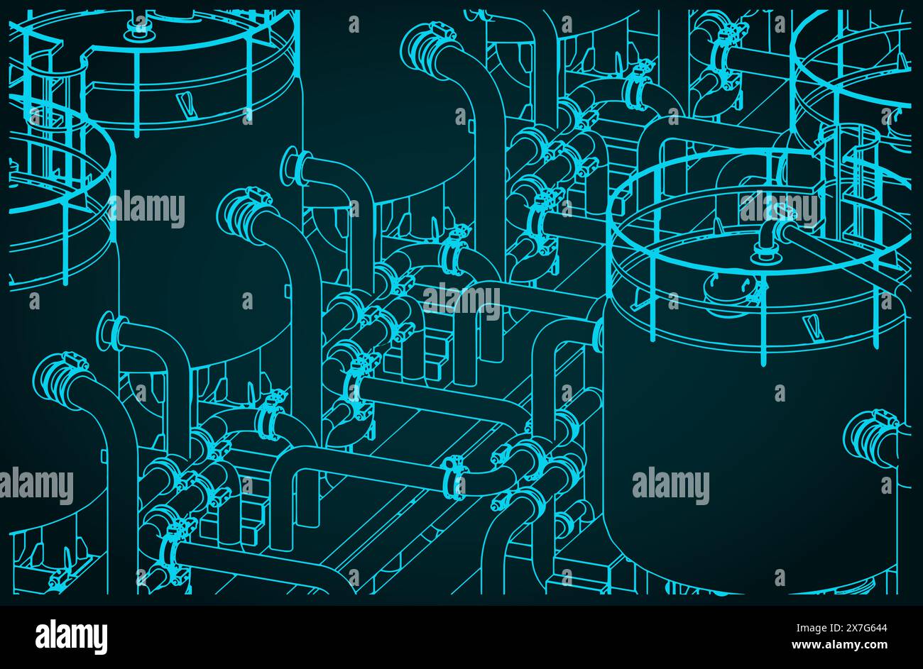 Stylized vector illustration of chemical production. Tanks close up ...