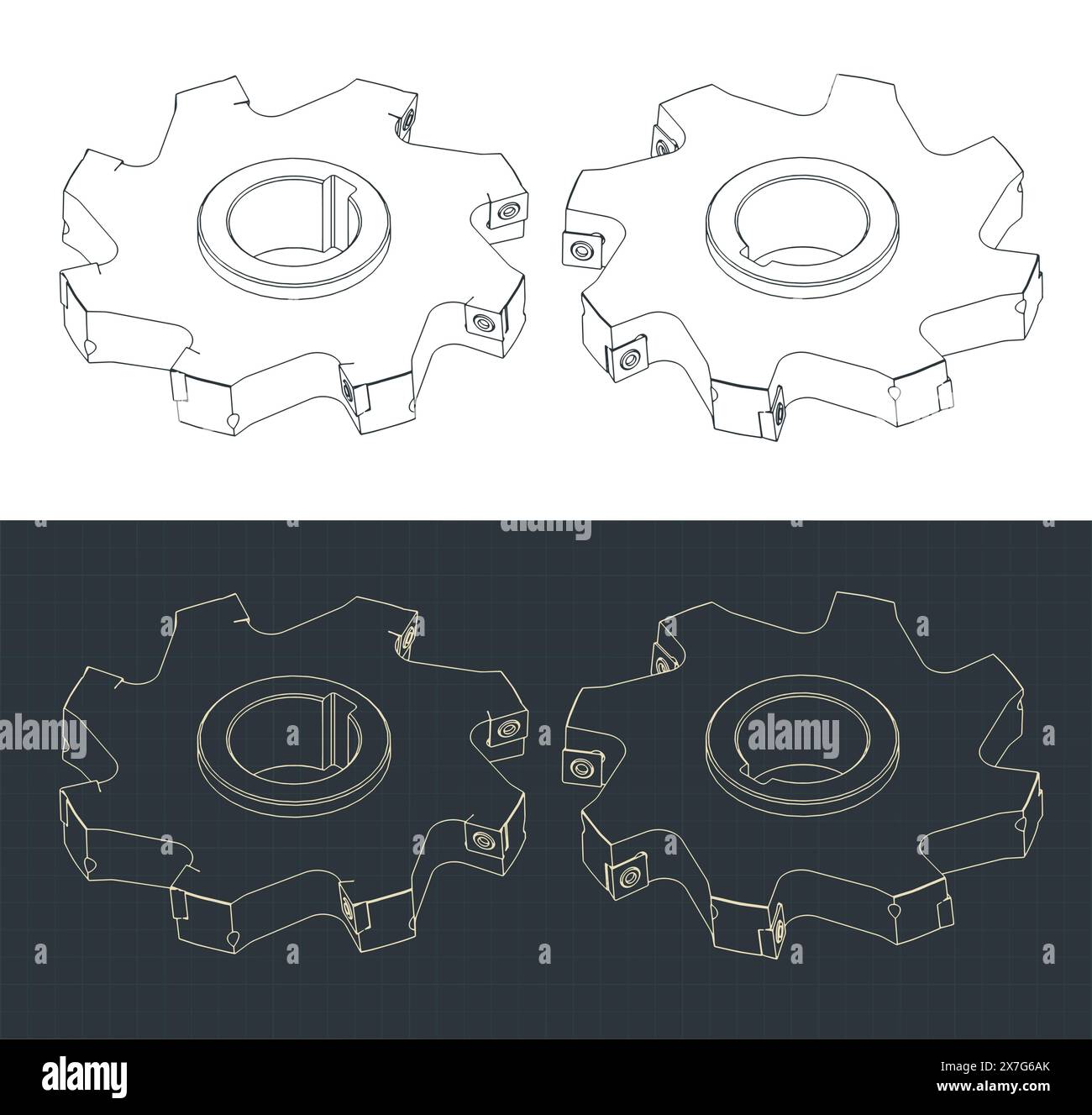 Stylized vector illustrations of isometric blueprints of disc mill ...
