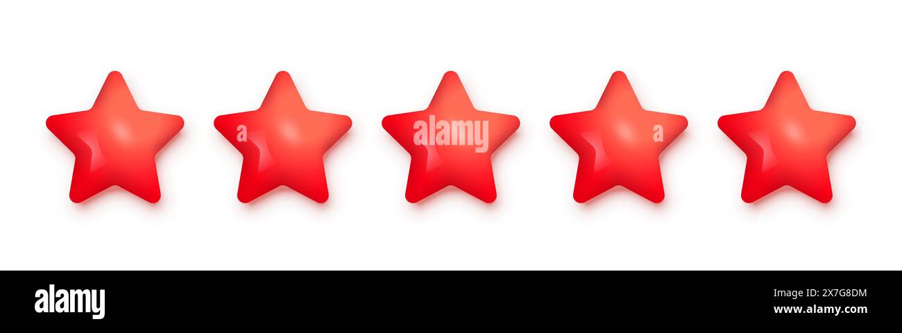 5 red stars for product review vector illustration. 3d five ranking ...