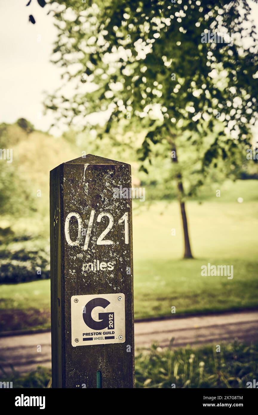 Distance marker post on the Preston Guild 21 mile cycle route around ...