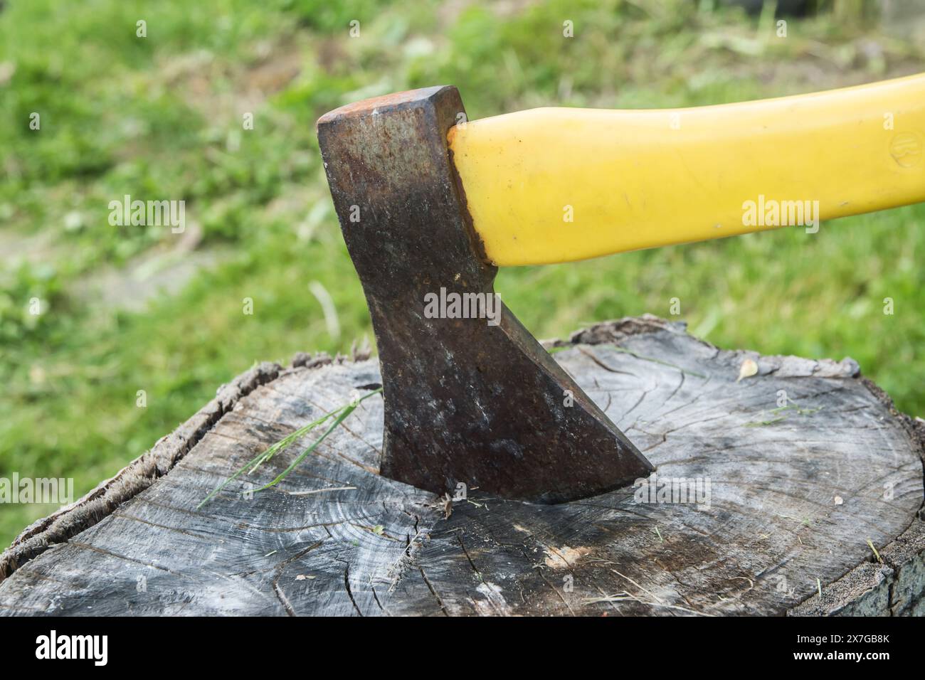 Ax with yellow handle stuck in old stump Stock Photo - Alamy