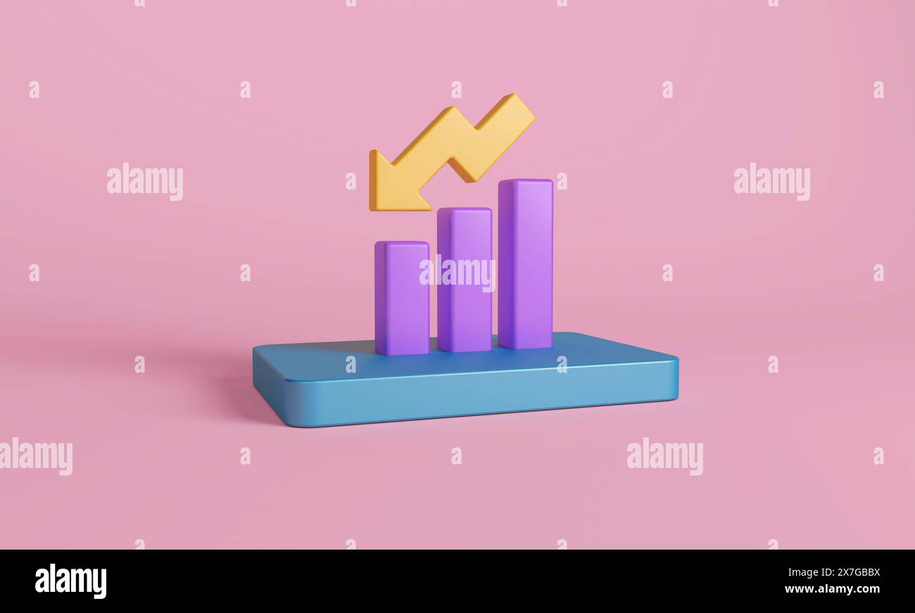 3D illustration featuring a set of purple bar graphs with a yellow ...