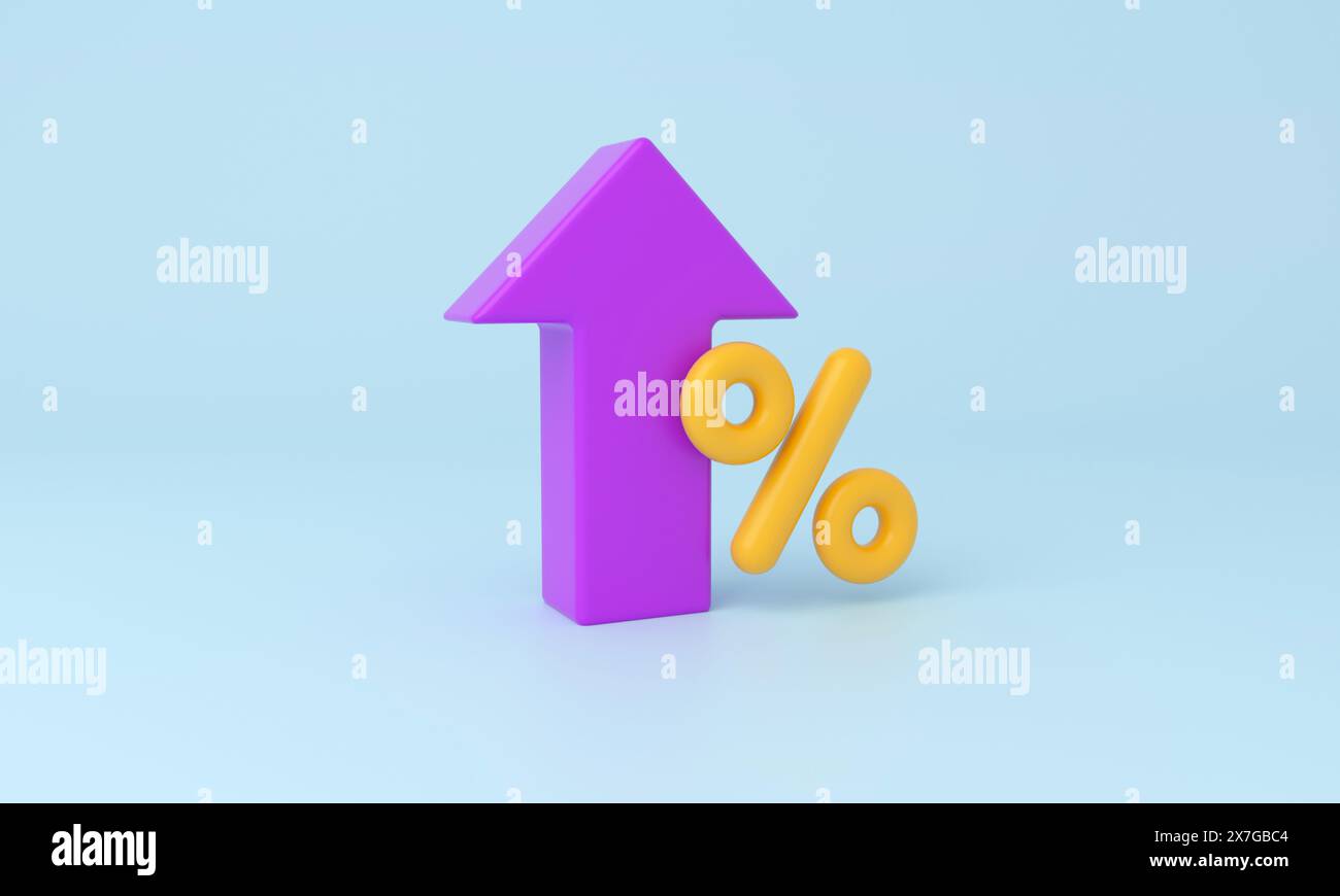 3D illustration showing a bright purple upward arrow and a yellow ...