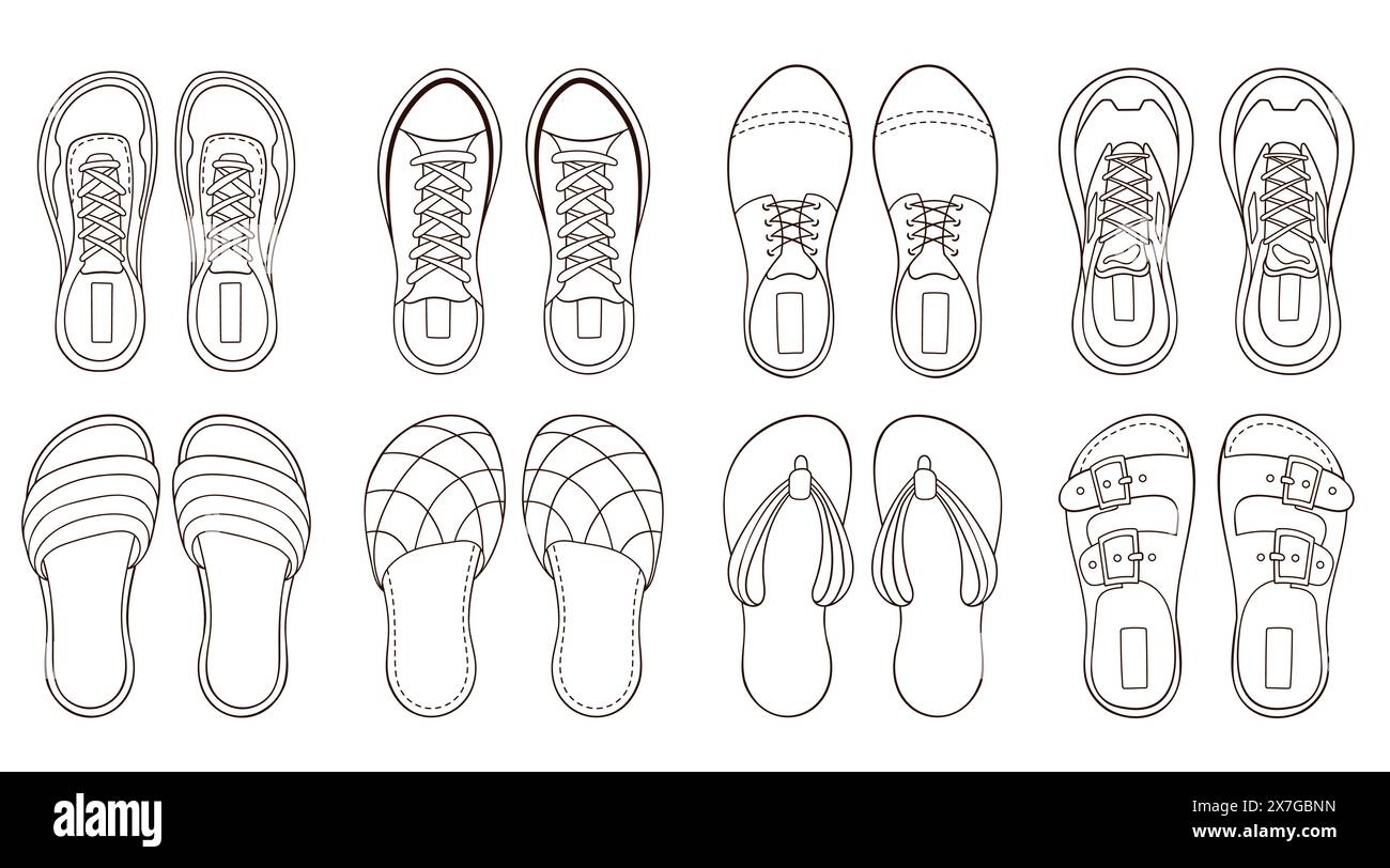 Male footwear sneakers collection in outline style. Line art set of ...