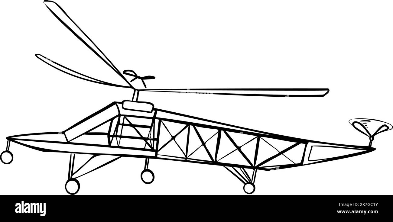 Retro helicopter black and white contour vector illustration isolated ...