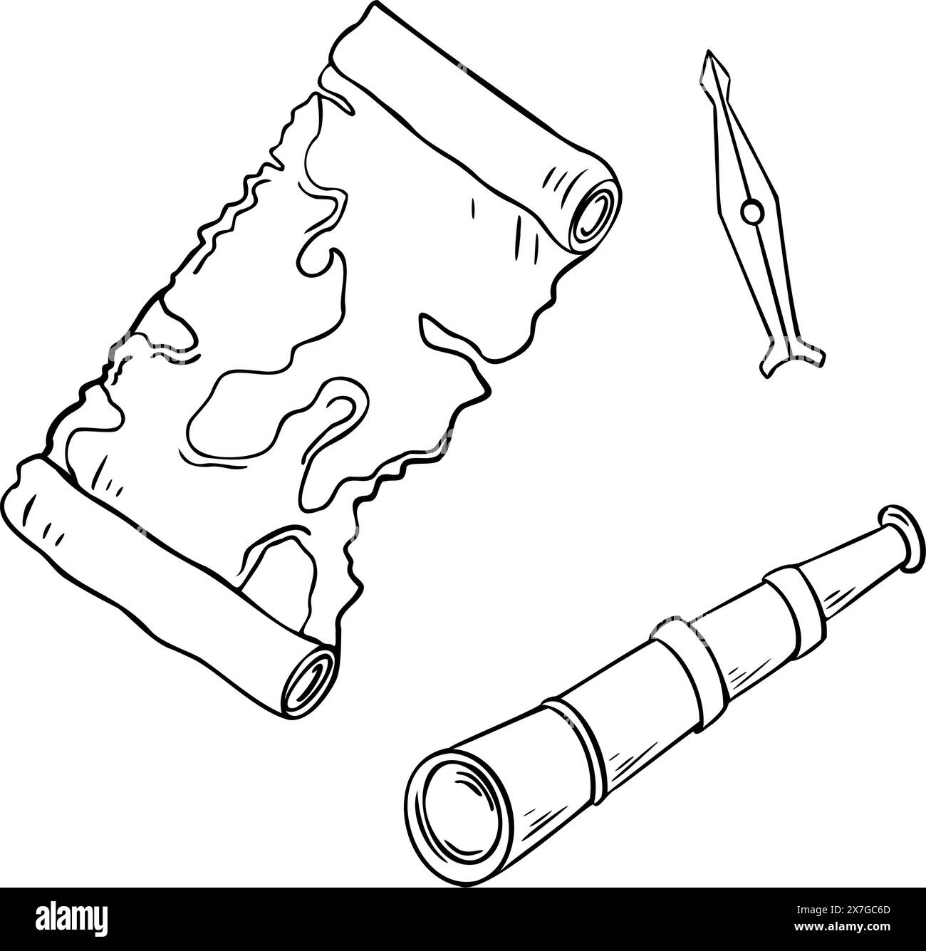 Ancient map, spyglass black white contour vector illustration isolated ...