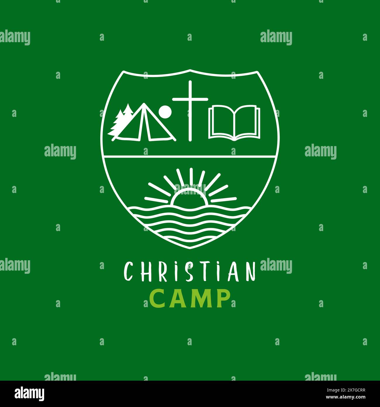 Christian camp logo, cross and bible. Line art shield design for camp t ...